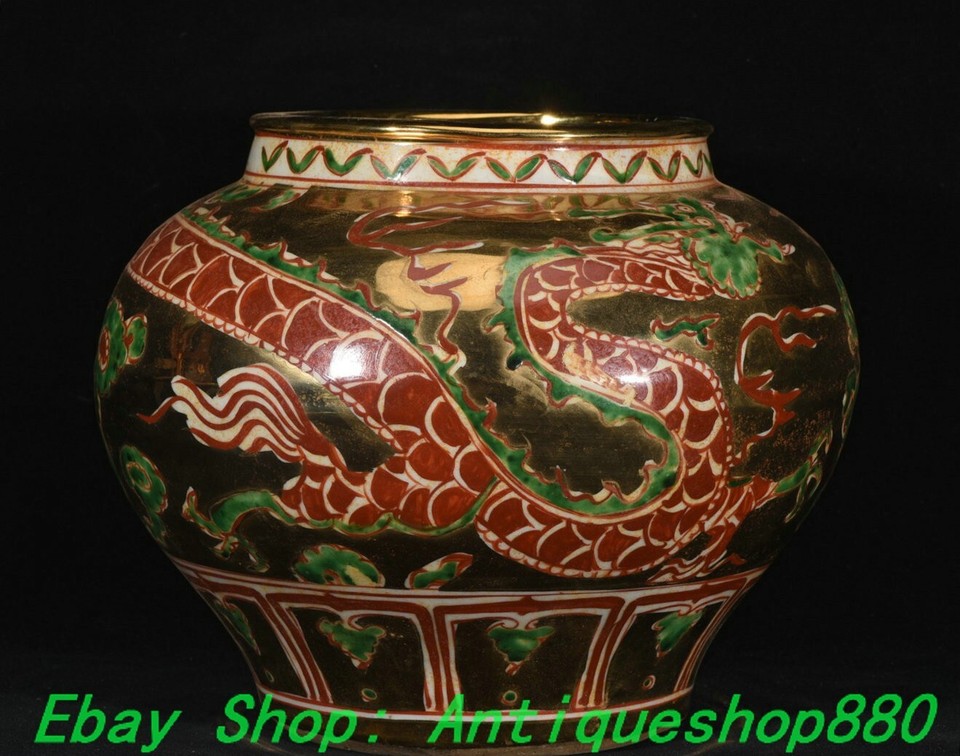 9.3"Old Yuan Dynasty Red Green Glaze Porcelain Gilt Dragon Loong Crock ...