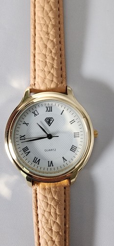 DF Lady White Face Dial Analog Gold Bezel Tan Band Quartz Watch Womens ...