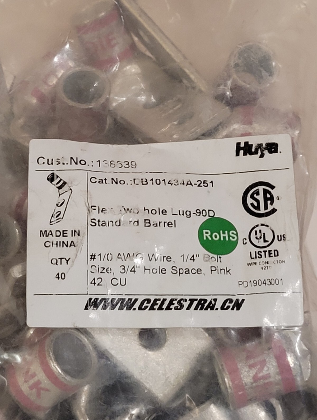 Die 42 Pink Lug FlexTwo Hole 90D Standard Barrel #1/0 AWG 1/4" Bolt, 3/ ...