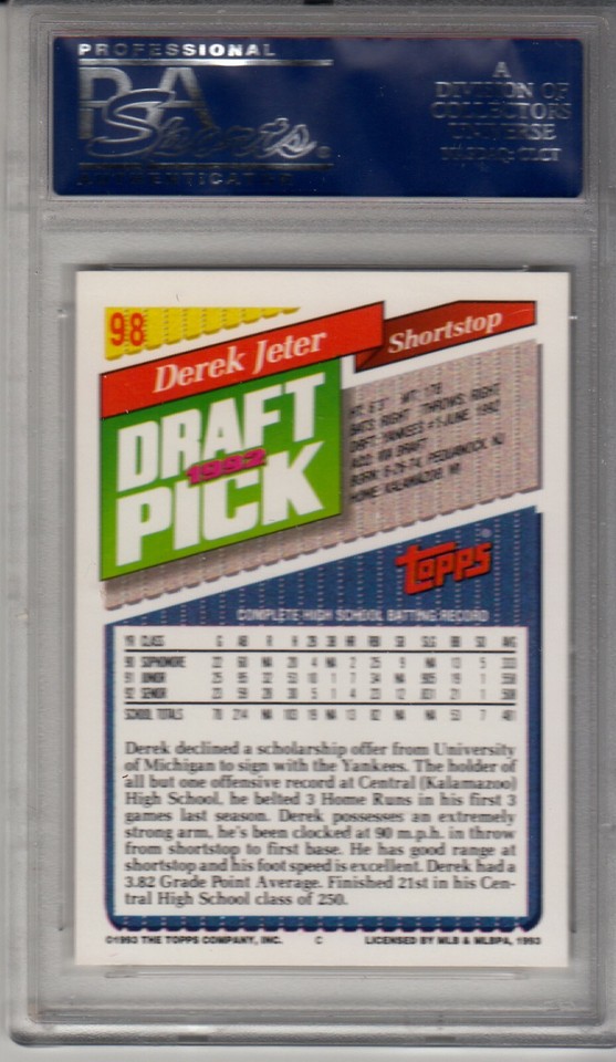 1993 Topps Derek Jeter Baseball Rookie 1992 Draft Pick Card #98 PSA 8 ...