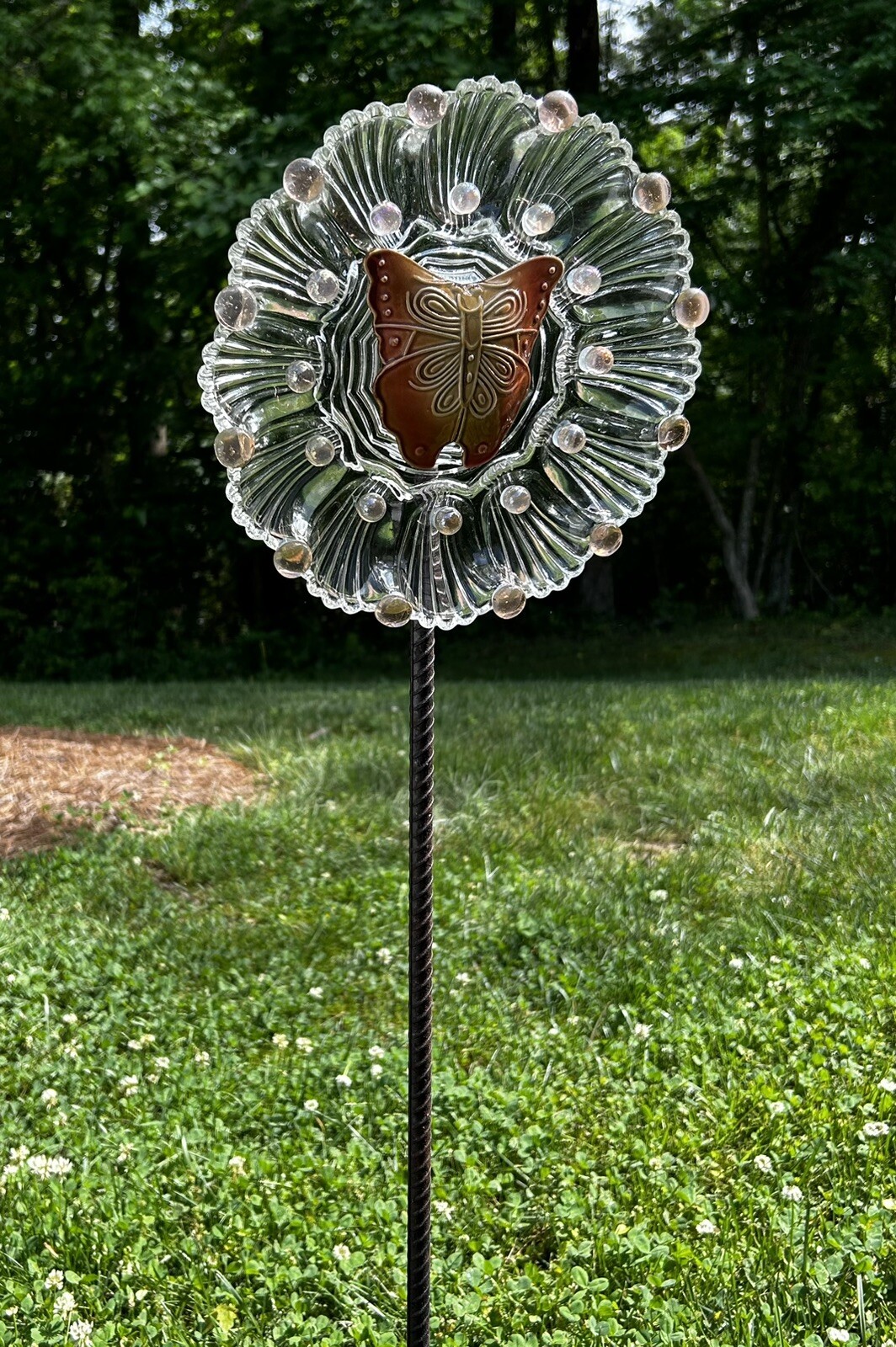 Peach Butterfly & Clear Shell Glass Garden Flower Repurposed Suncatcher ...