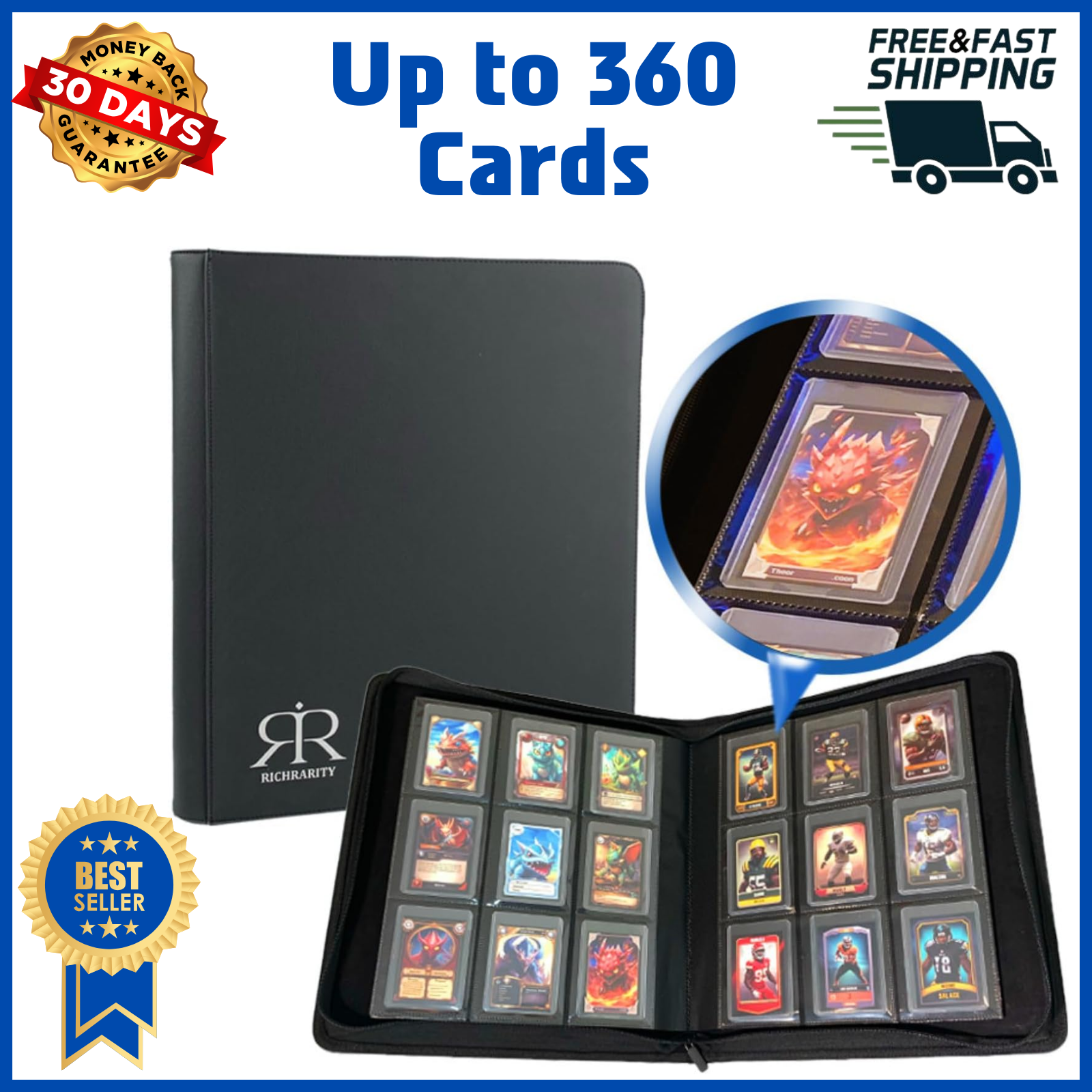 Toploader Binder 9 Pocket Pages Sleeves Holds 360 Toploaders for 3 x 4 ...