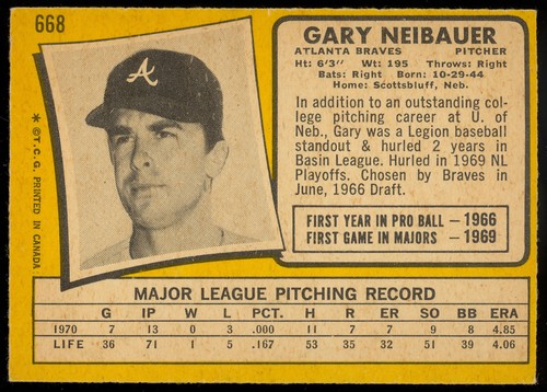 1971 TOPPS OPC O PEE CHEE BASEBALL #668 Gary Neibauer NM Atlanta Braves ...