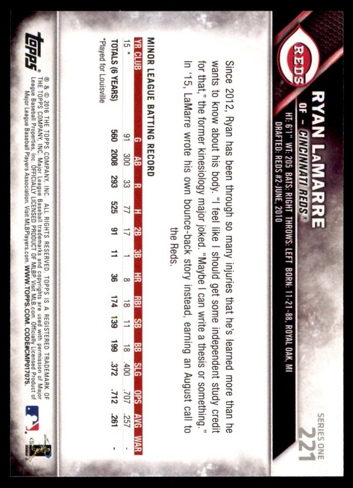 2016 TOPPS RC #221 RYAN LAMARRE CINCINNATI REDS | eBay