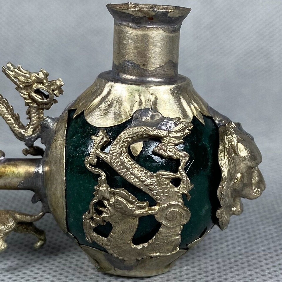 Tibet Silver Inlaid Old Jade Handmade Statue Dragon Phoenix Tiger ...