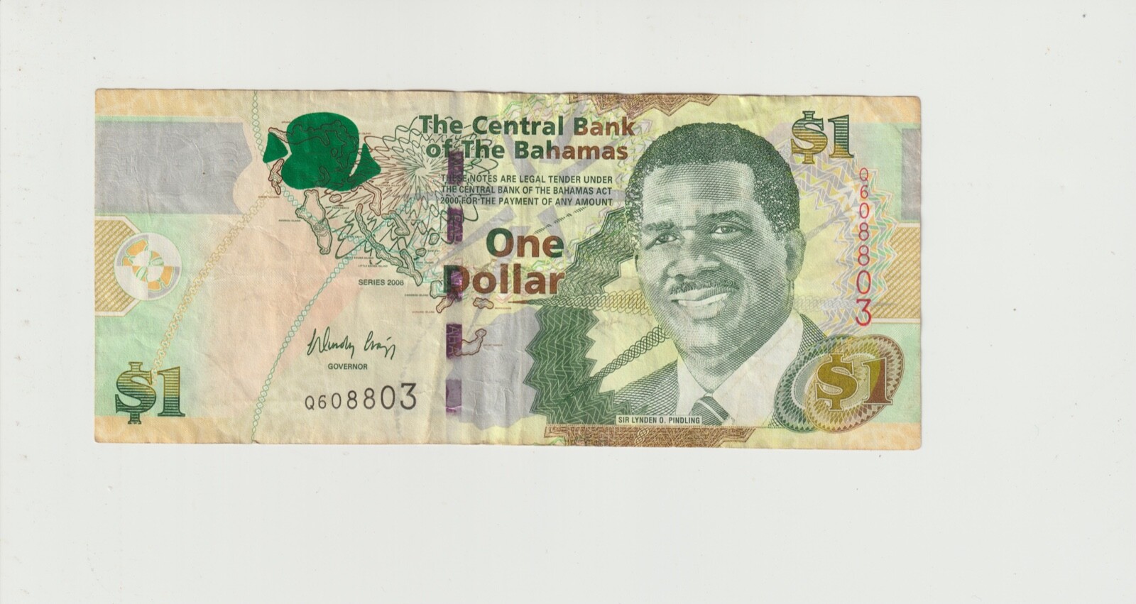 Central Bank of the Bahamas One Dollar bill paper note 2008 Sir Lynden ...