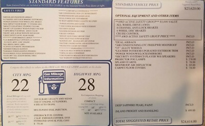 1995 SUBARU LEGASY ORIGINAL MSRP WINDOW STICKER | eBay