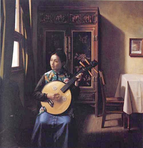 Dream-art Oil painting Chinese young Girl-with-Stringed-Instrument free ...
