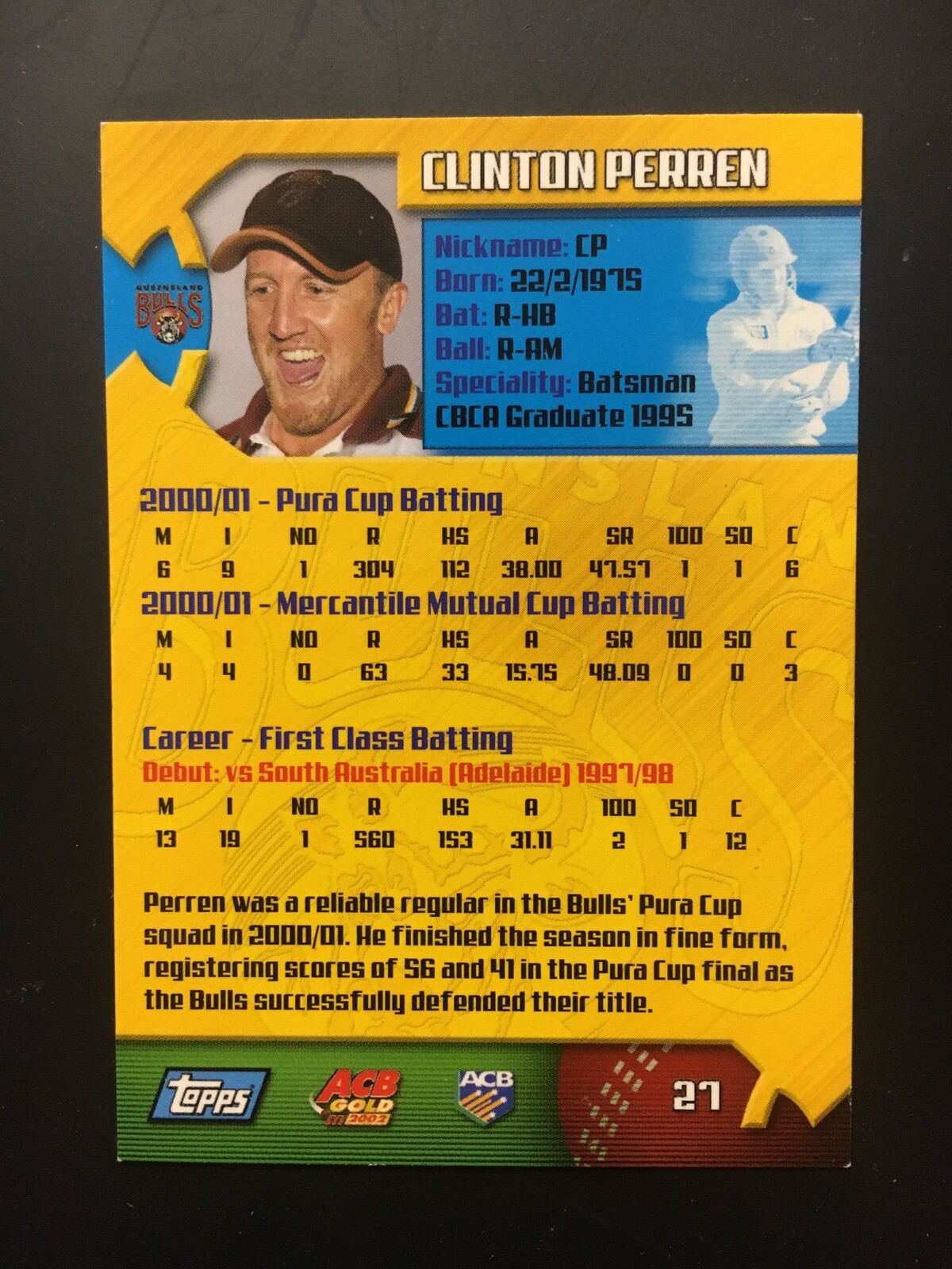 Clinton Perren Signed Cricket Card 2002 Topps ACB Gold | eBay Australia