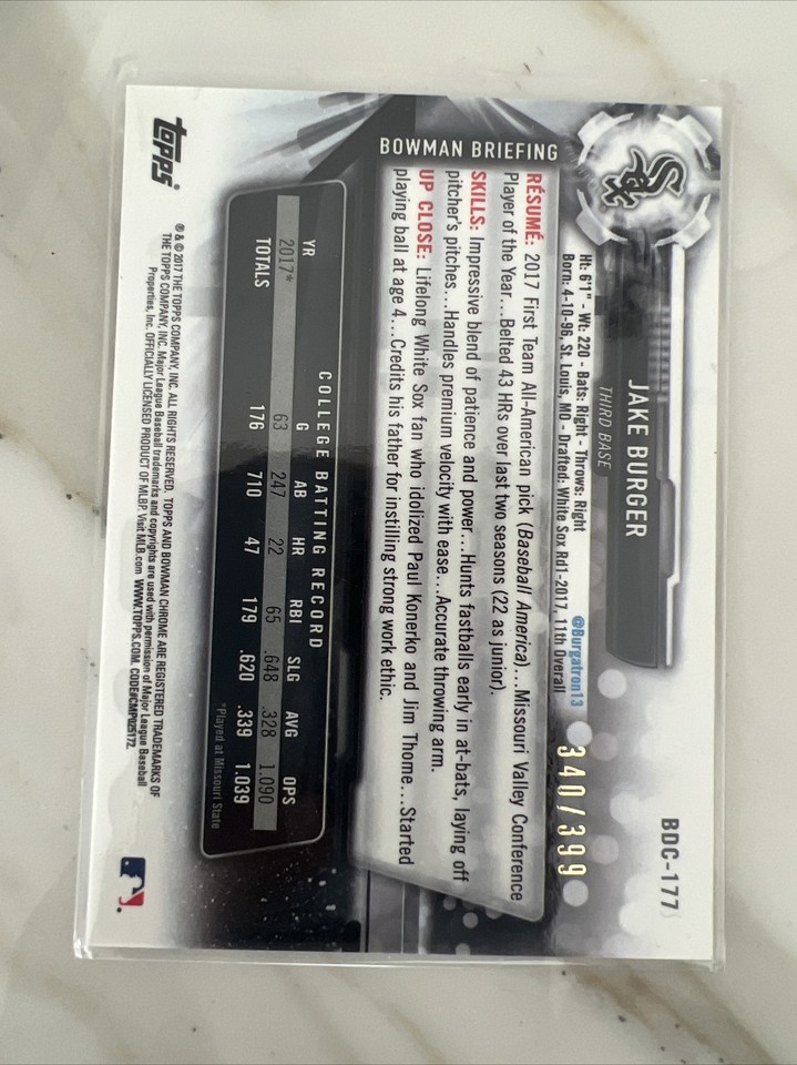 2017 Bowman Chrome JAKE BURGER SKY BLUE REFRACTOR WHITE SOX 340/399 RC ...