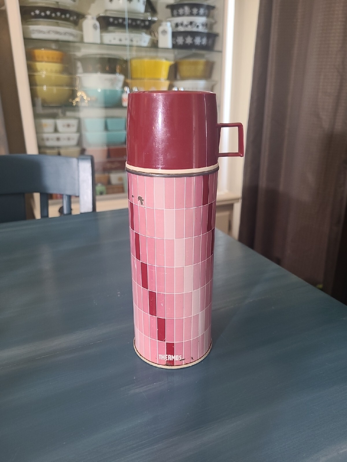 Vtg Red Checkered Thermos Bottle Metal With Cup Glass Insert Retro 1973 ...