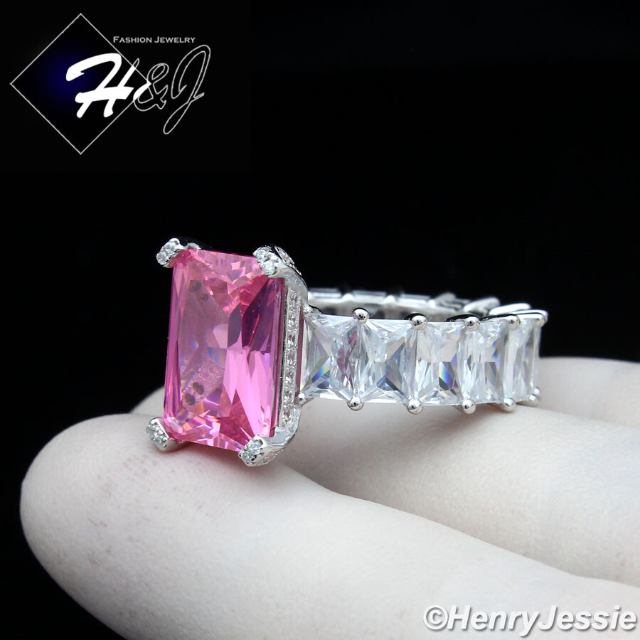 WOMEN 925 STERLING SILVER ICY CUBIC ZIRCONIA PINK RECTANGLE WEDDING ...