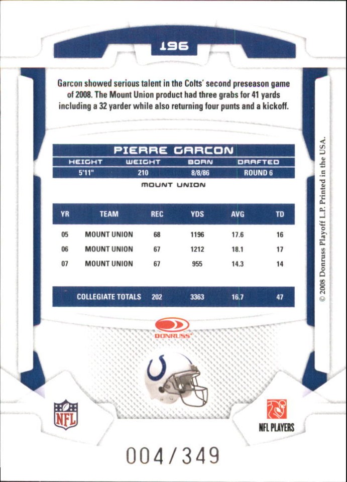 2008 Leaf Rookies and Stars Gold Colts Football Card #196 Pierre Garcon ...