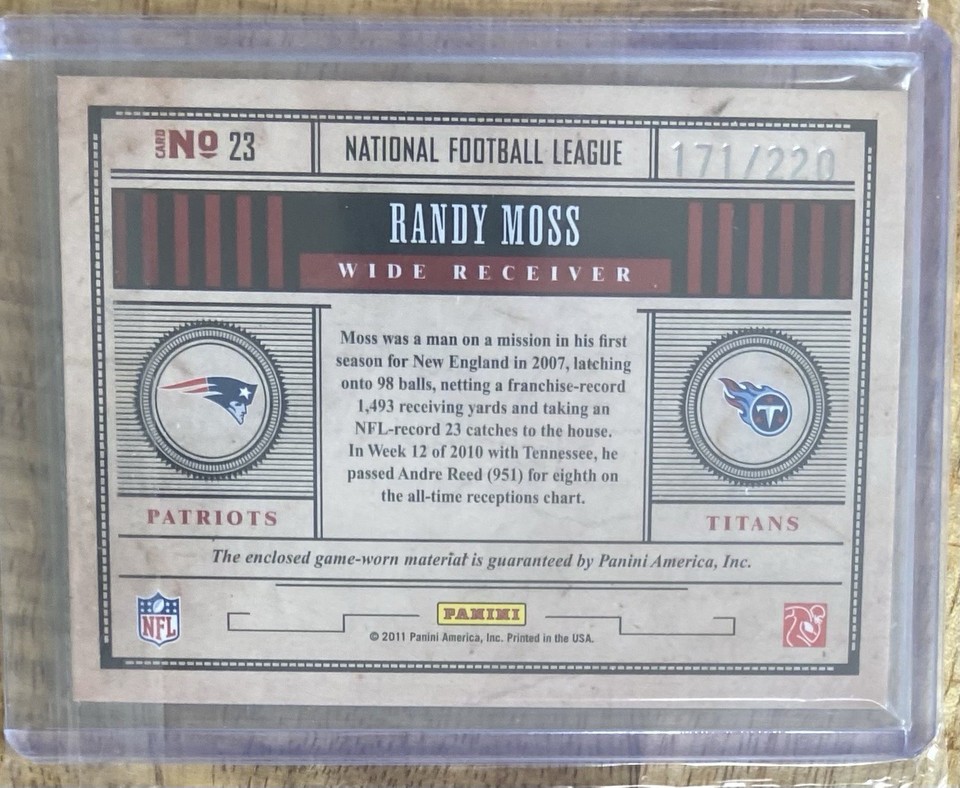 Randy Moss 2011 Timeless Treasures 171/200 Changing Stripes Patriots SP ...