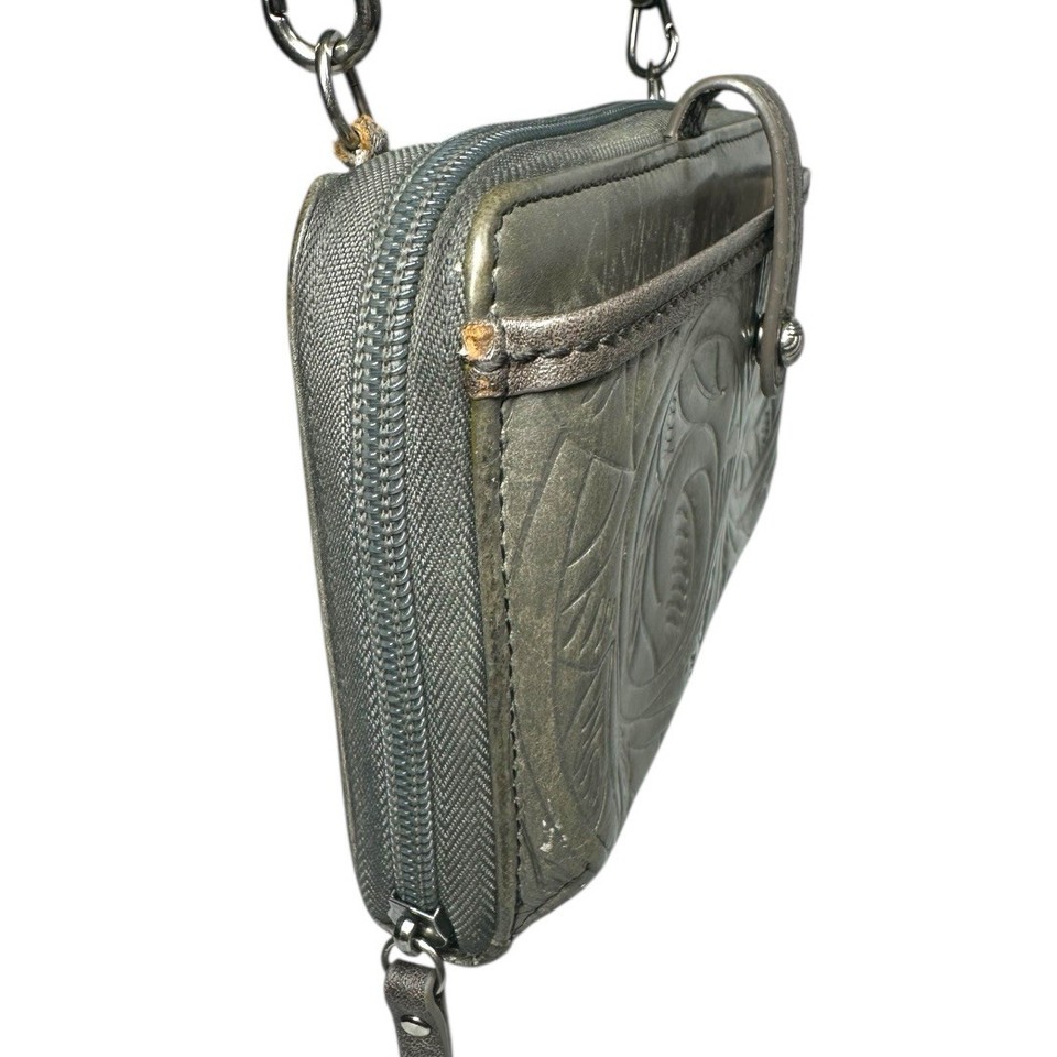 The Sak Gray Tooled Leather Smart Phone Crossbody Wallet Zipper Snap ...