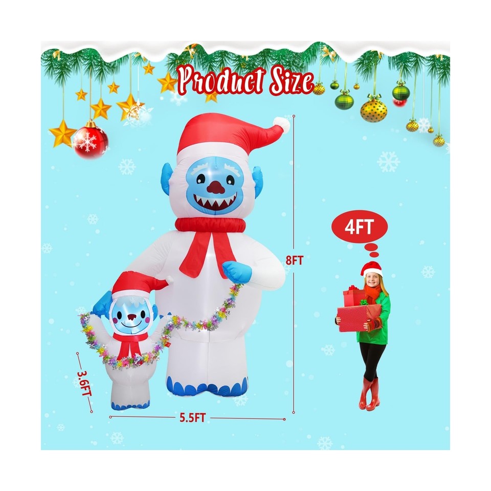 8FT Christmas Inflatables Yeti Family with Santa Hat, Christmas Blow up ...