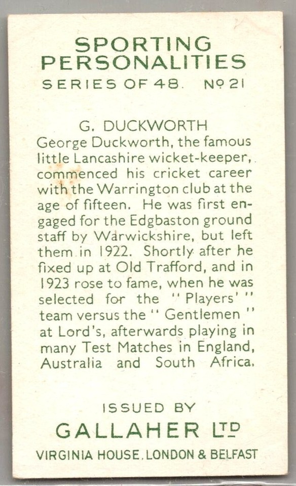 1936 Gallaher Sporting Personalities Tobacco #21 GEORGE DUCKWORTH ...