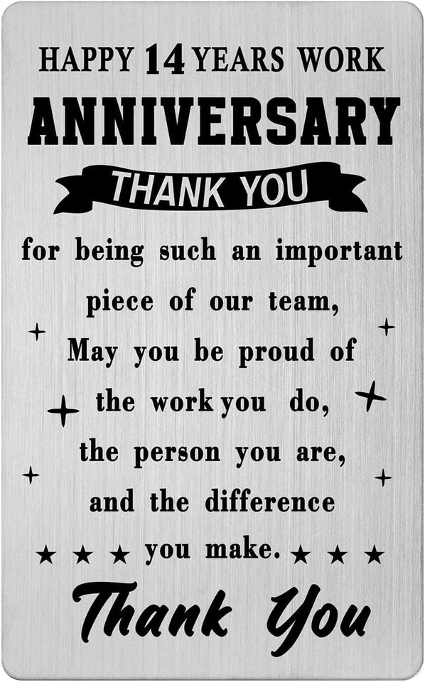 14 Years Work Anniversary Wallet Card Silver Metal Gift Staff Colleague ...