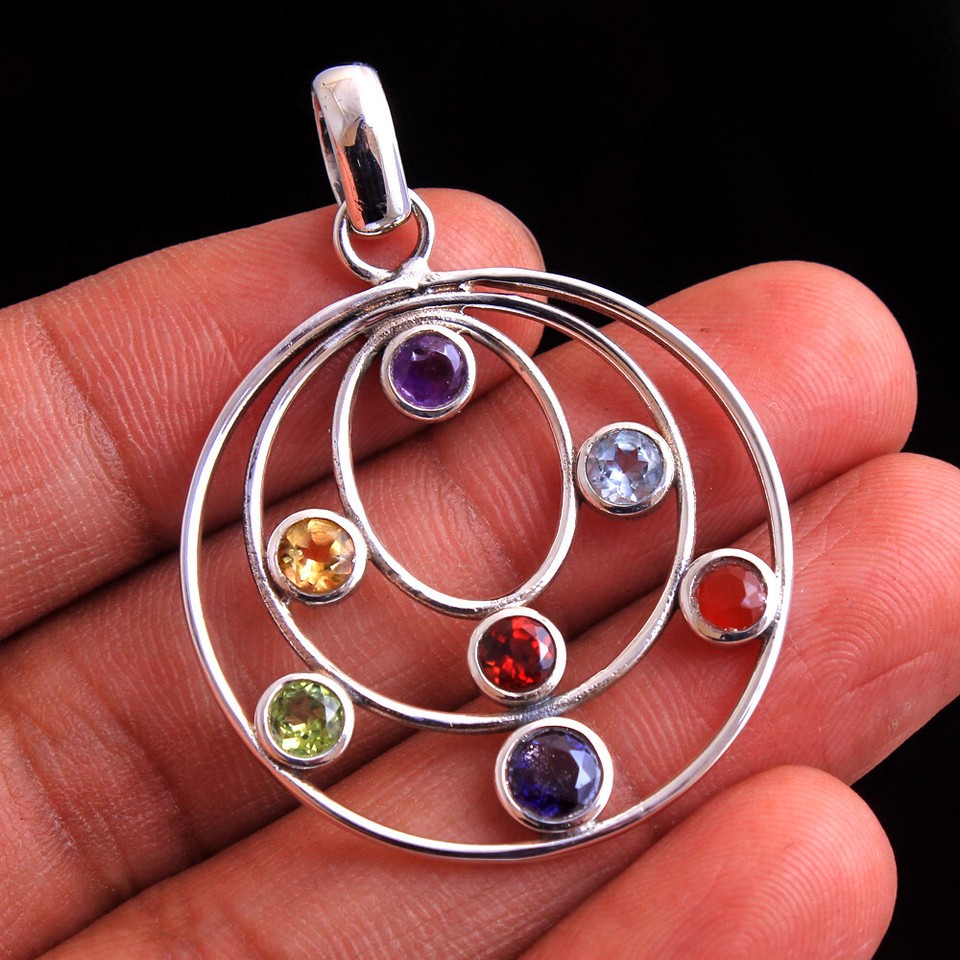 925 Sterling Silver Blue Topaz Iolite 7 Stone Chakra Healing Pendant ...