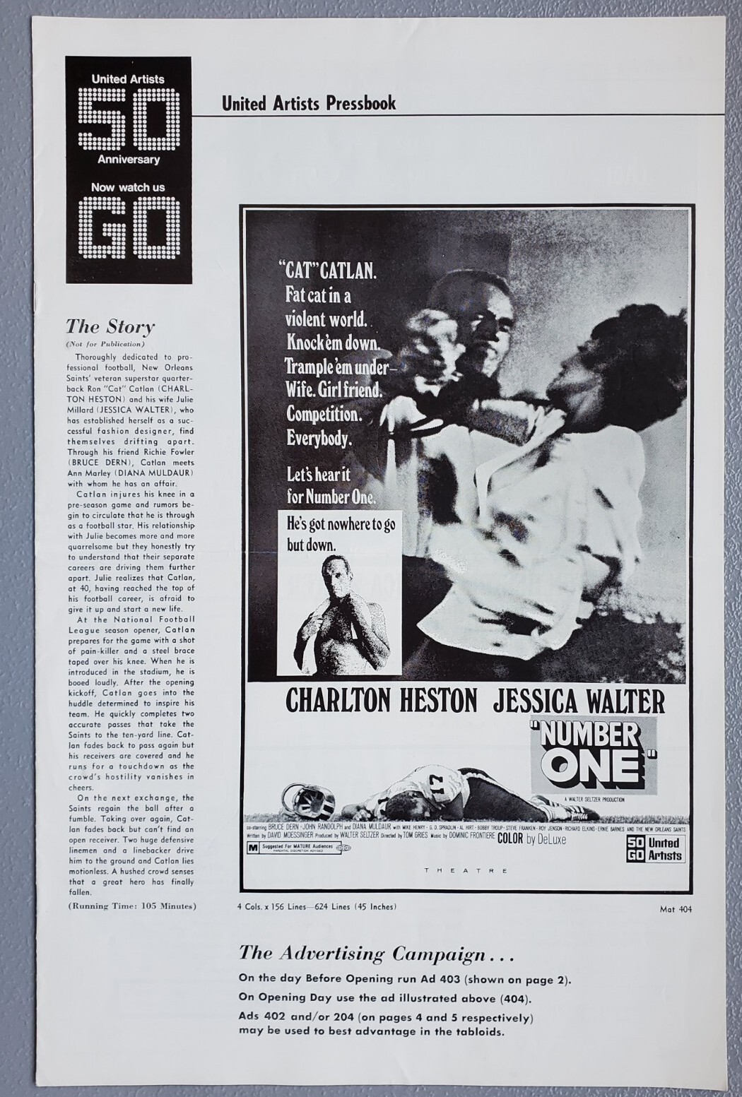 NUMBER ONE 1 PRESSBOOK 1969 NO CUT OUTS 11X17 CHARLTON HESTON JESSICA ...