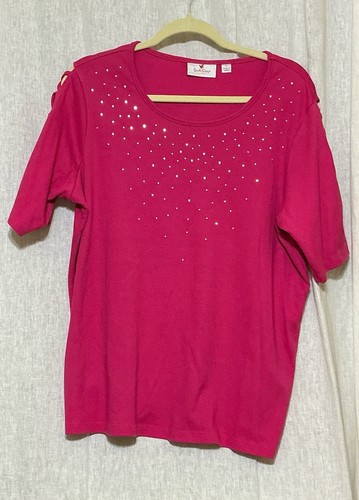 Quacker Factory Woman’s Pink Rhinestone Pattern Knit Top 3/4 Sleeves ...
