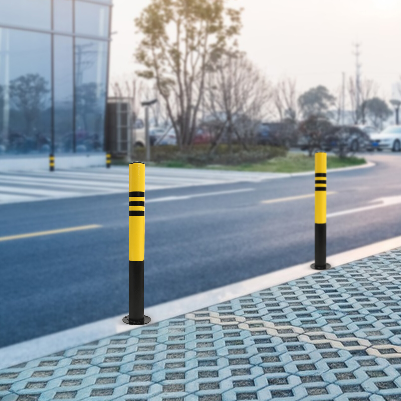 30-inch Safety Bollard Parking Post Yellow Steel Pipe Barrier W/3 ...