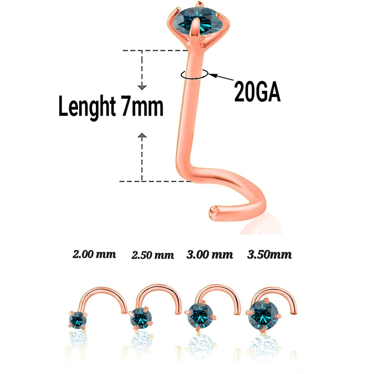 14K Solid gold 20G Real Natural Blue Diamond Stud Twisted Crooked Screw ...