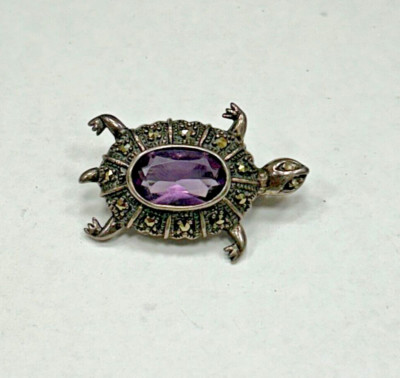 Vintage Sterling Silver Turtle Brooch Pin With Amethyst And Marcasites ...