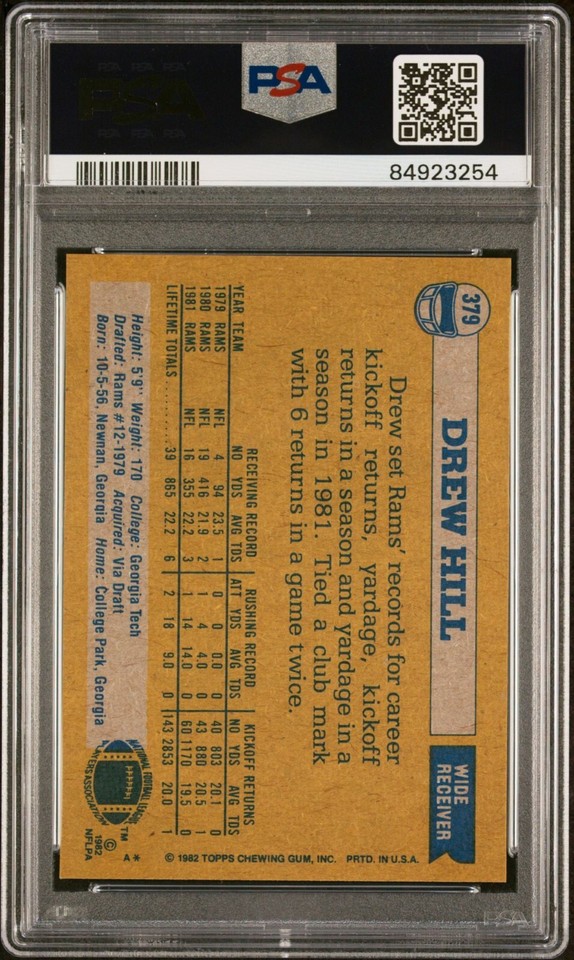 1982 TOPPS #379 DREW HILL PSA 10 GEM MINT ROOKIE RC POP 30 RAMS HOUSTON ...