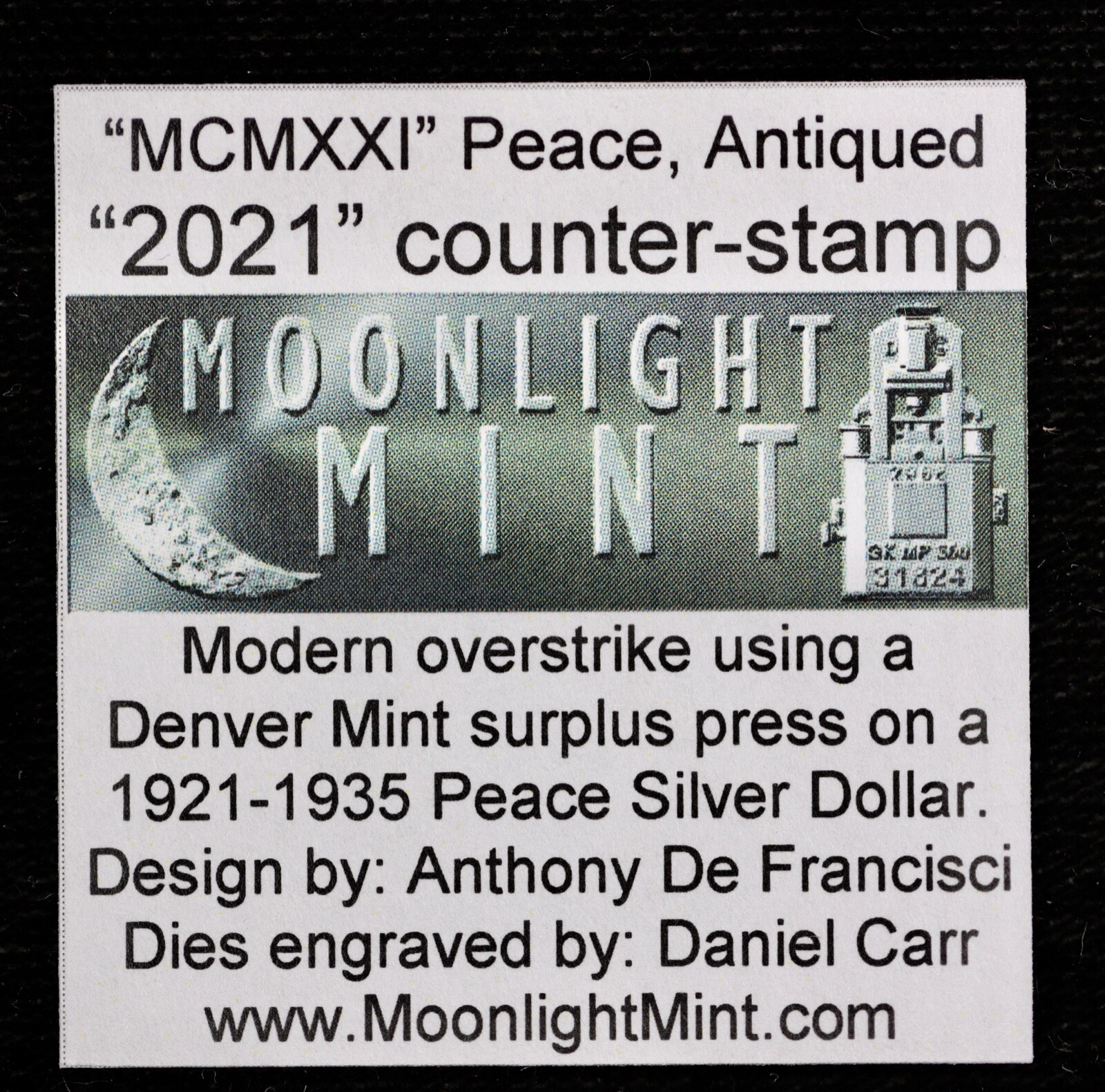 1921 Token Dan Carr Moonlight Mint Broken Sword Peace 2021 C/M O/S ...