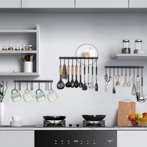 Pot Rack Kitchen Rail with 10 Hooks, Hanging Pot Rack Wall Mounted ...