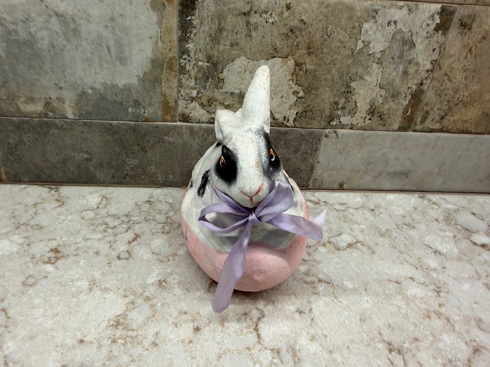 Vintage Easter Paper Mache Black & White Rabbit On Pink Egg Nest Candy ...