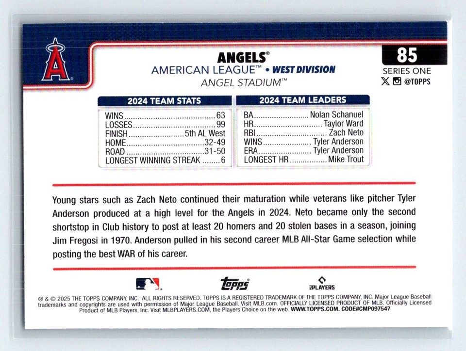2025 Topps Series 1 #85 Angels Team Card Los Angeles Angels | eBay