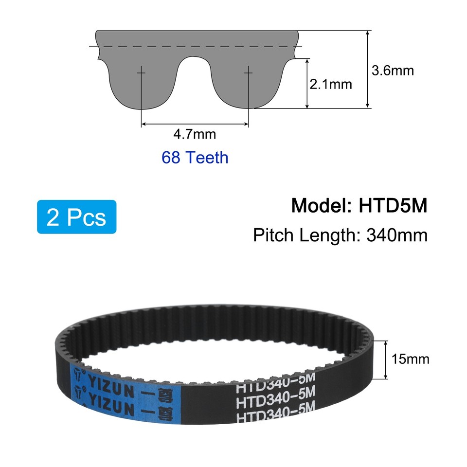 2pcs HTD-5M Rubber Timing Belt for Industry 68 Teeth 340mm Pitch Length ...
