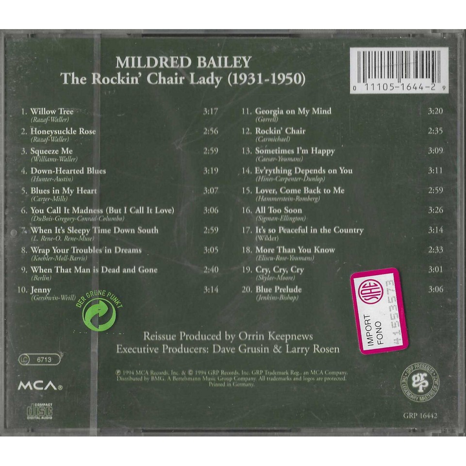 Mildred Bailey CD The Rockin' Chair Lady (1931-1950) / MCA Records ...
