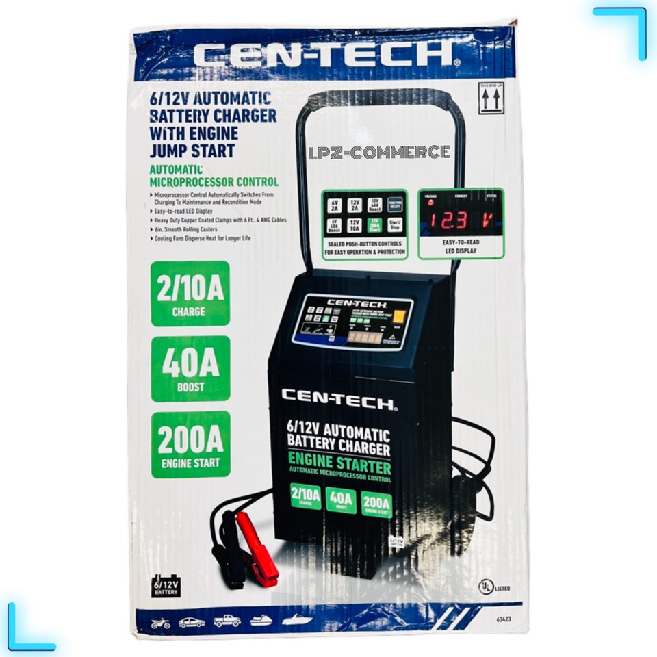 CEN-TECH 2/10/40/200A 6/12V Automatic Battery Charger with Engine Jump ...