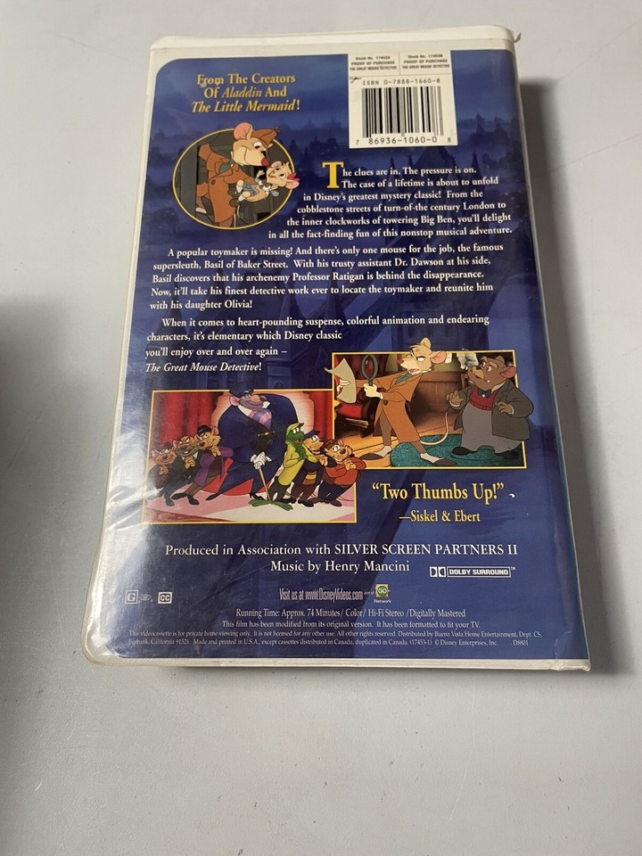 Disney's The Great Mouse Detective 1999 Animated VHS Clamshell Video ...