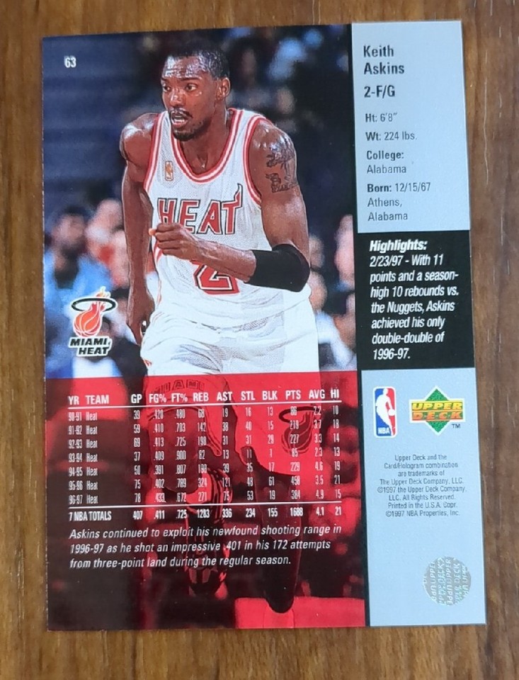 KEITH ASKINS 1997-98 Upper Deck Basketball Card #63 Miami Heat | eBay