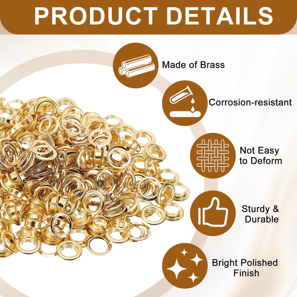 100 Sets Grommets Eyelets, 8mm Brass Self Backing Eyelets, Gold Tone ...