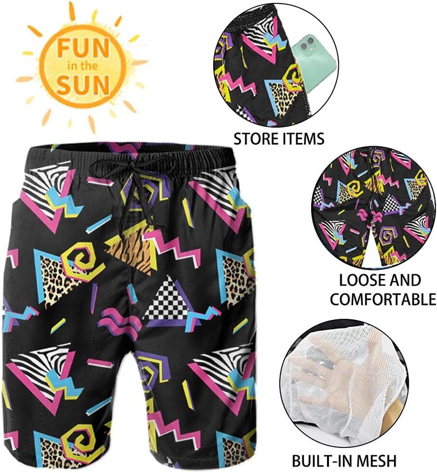 Mens 80s 90s Swim Trunks Quick Dry Striped Swim Shorts with Mesh Lining ...