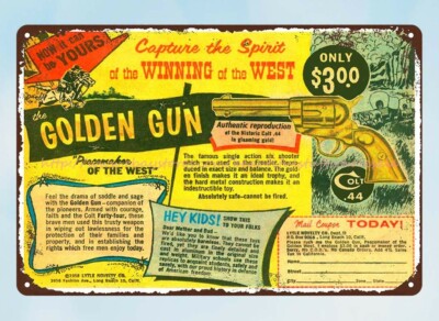 Lytle Novelty toy Golden Gun 44 1959 metal tin sign cowboy hunters ...