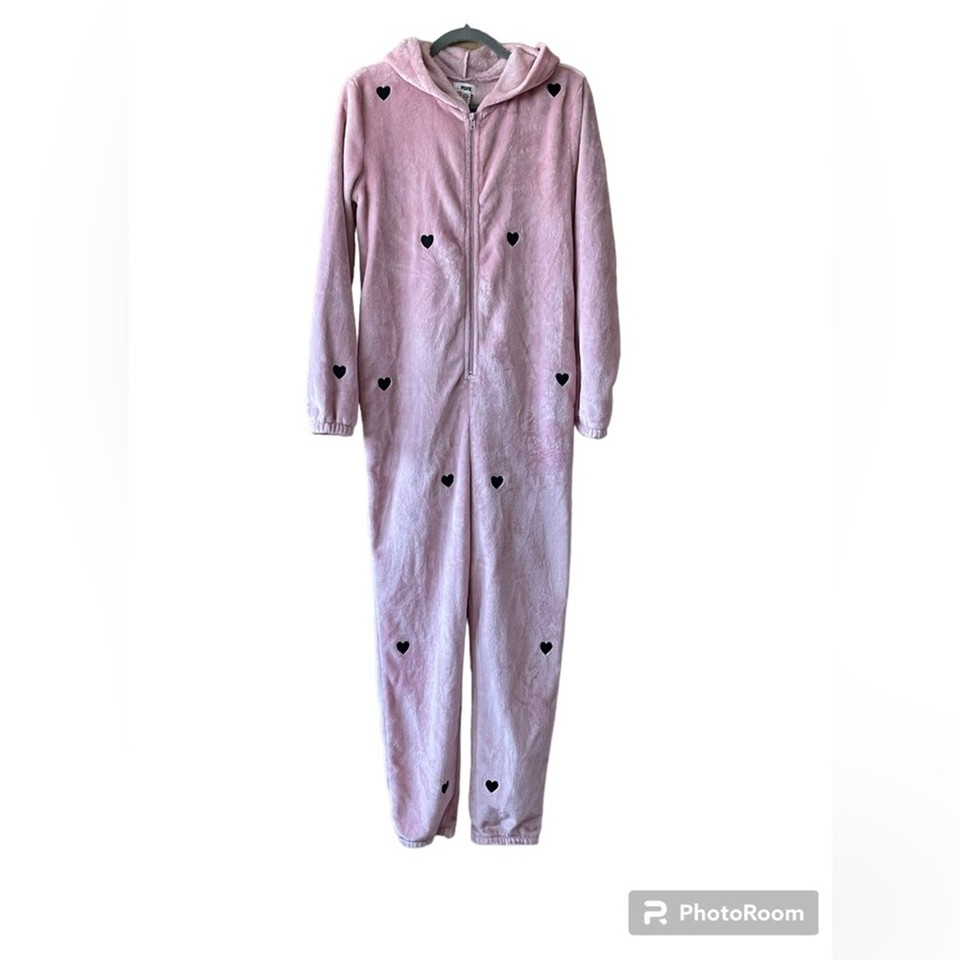 Victoria's Secret Pink One Piece Hooded Fuzzy Pajamas Pink Hearts S/XS ...