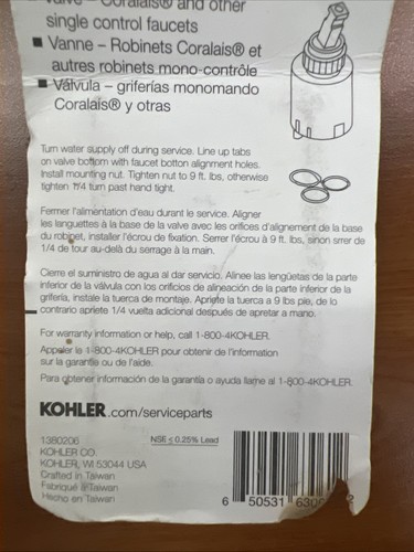 Genuine Kohler Coralais Valve Kit GP77548 For Single Control Faucets | eBay