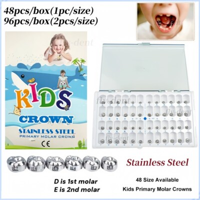 48/96pc Dental Kids Crown Preformed Stainless Steel Primary Molar Teeth ...