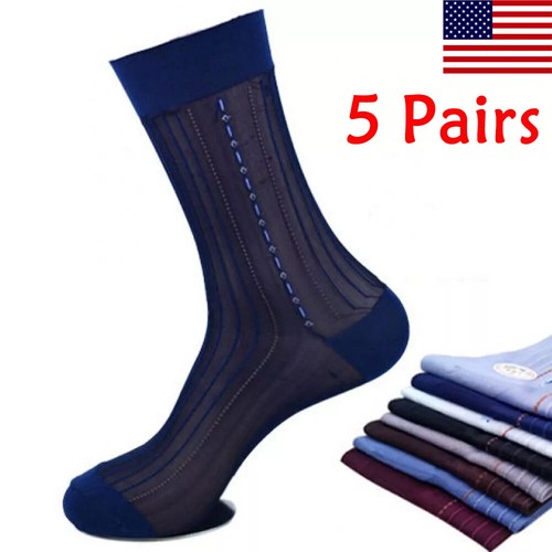 5 Pair Men's Summer Thin Silk Socks Over the Calf Business Dress Crew ...