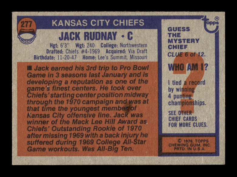 1976 Topps # 277 Jack Rudnay Card (B64) Kansas City Chiefs | eBay