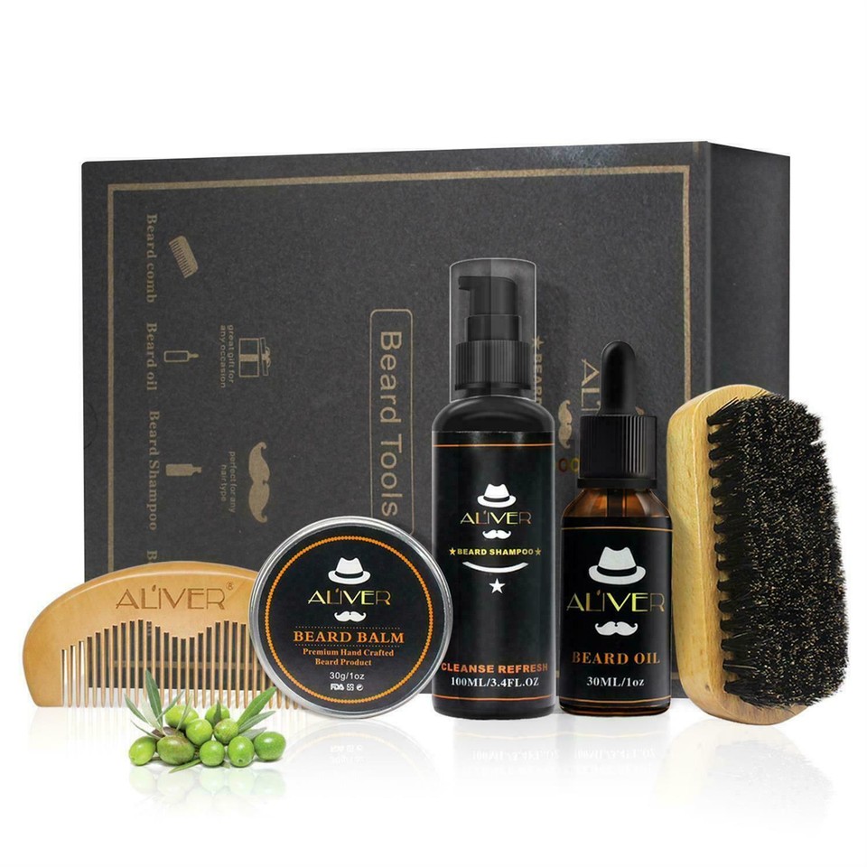 Men's Gent's Beard Grooming Kit Gift Set Shampoo Oil Balm Wooden Brush ...