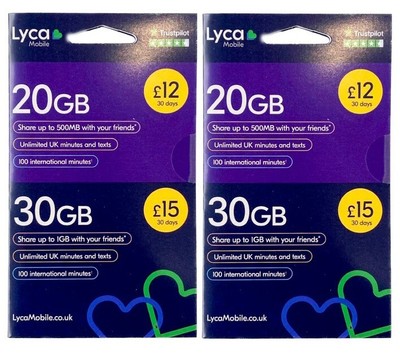 2 x LYCAMOBILE Pay as you go Sim Card - £10 for 20GB Data UNLIMITED ...