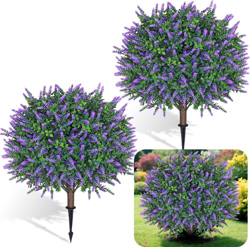 Artificial Lavender Topiary Ball Trees with Ground Spikes 2 Pack 25.5 ...