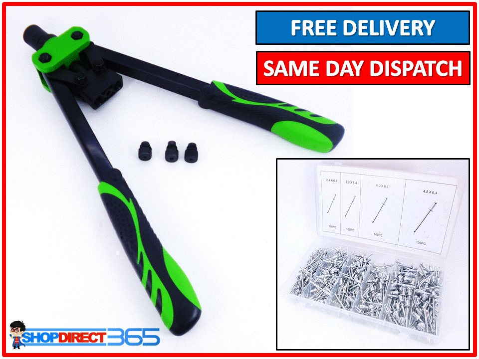 13" HEAVY DUTY RIVET GUN HAND RIVETER TOOL + 320 RIVETS 3 HEAD NOZZLES ...